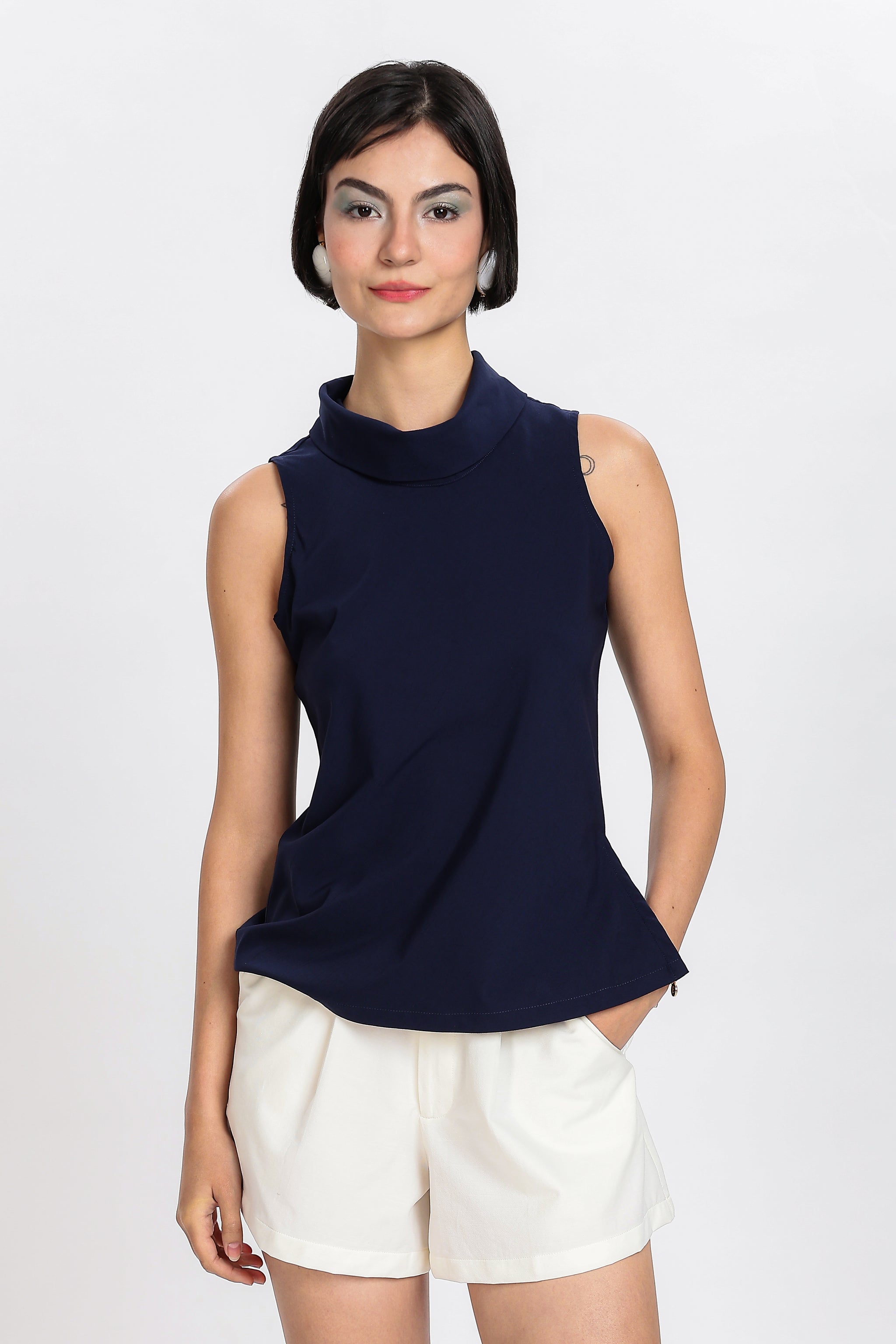 ELEGANT HIGH NECK TOP-NAVY BLUE